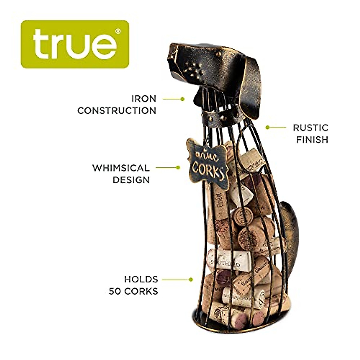 True Dog Wine Cork Holder, Decorative Wine Cork Storage and Decor, Set of 1, Rustic Bronze Finish, Holds 50 Wine Corks