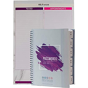 RE-FOCUS THE CREATIVE OFFICE, Password Book Keeper, Small, Mini, Purple, Alphabetical Tabs, Spiral Bound, Removable Sheets, Journal Organizer, Includes Website, Address, Username, Password