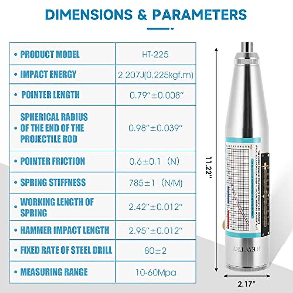 NEWTRY Concrete Rebound Hammer, Tester Portable Resiliometer Test, 10-60Mpa 1450-8702psi with User’s Guide in English Text & Video