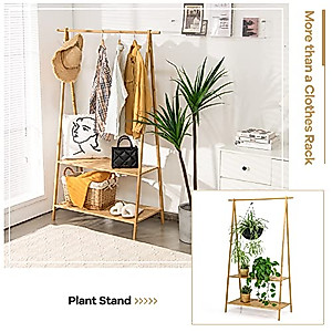 GOFLAME Bamboo Garment Rack, Freestanding Clothing Rack with Hanging Rod and 2 Storage Shelves, Heavy Duty Clothes Rack with Anti-tipping Devices, Natural