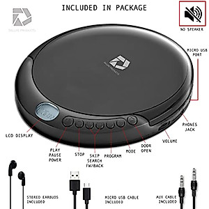 Deluxe Products CD Player Portable with 60 Second Anti Skip, Stereo Earbuds, Includes Aux in Cable and AC USB Power Cable for use at Home or in Car
