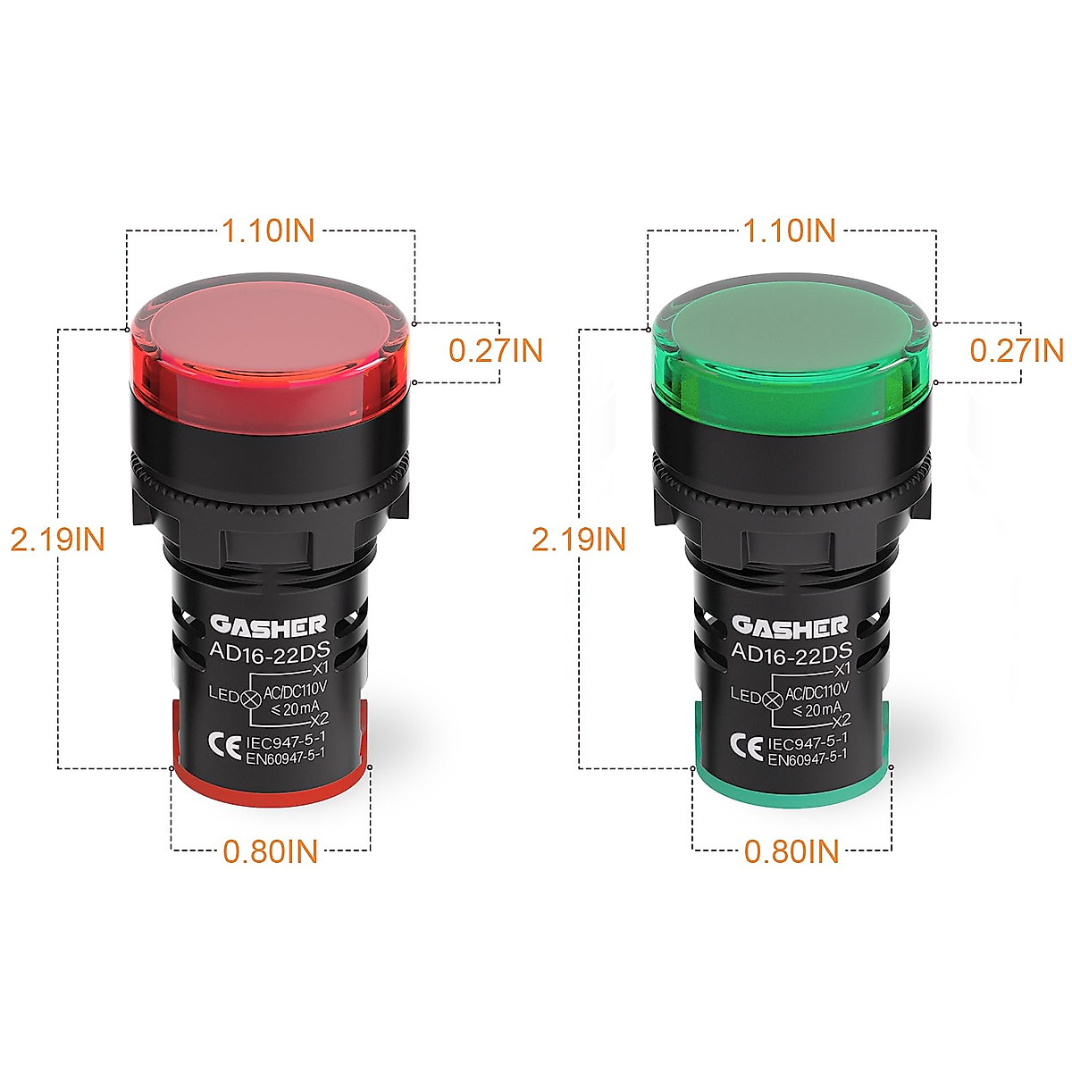 GASHER 12V/24V/110V 20mA Energy Saving Indicator Light Mounting Hole Size 22mm (7/8 Inch) Red Green (110V) 10 Pcs