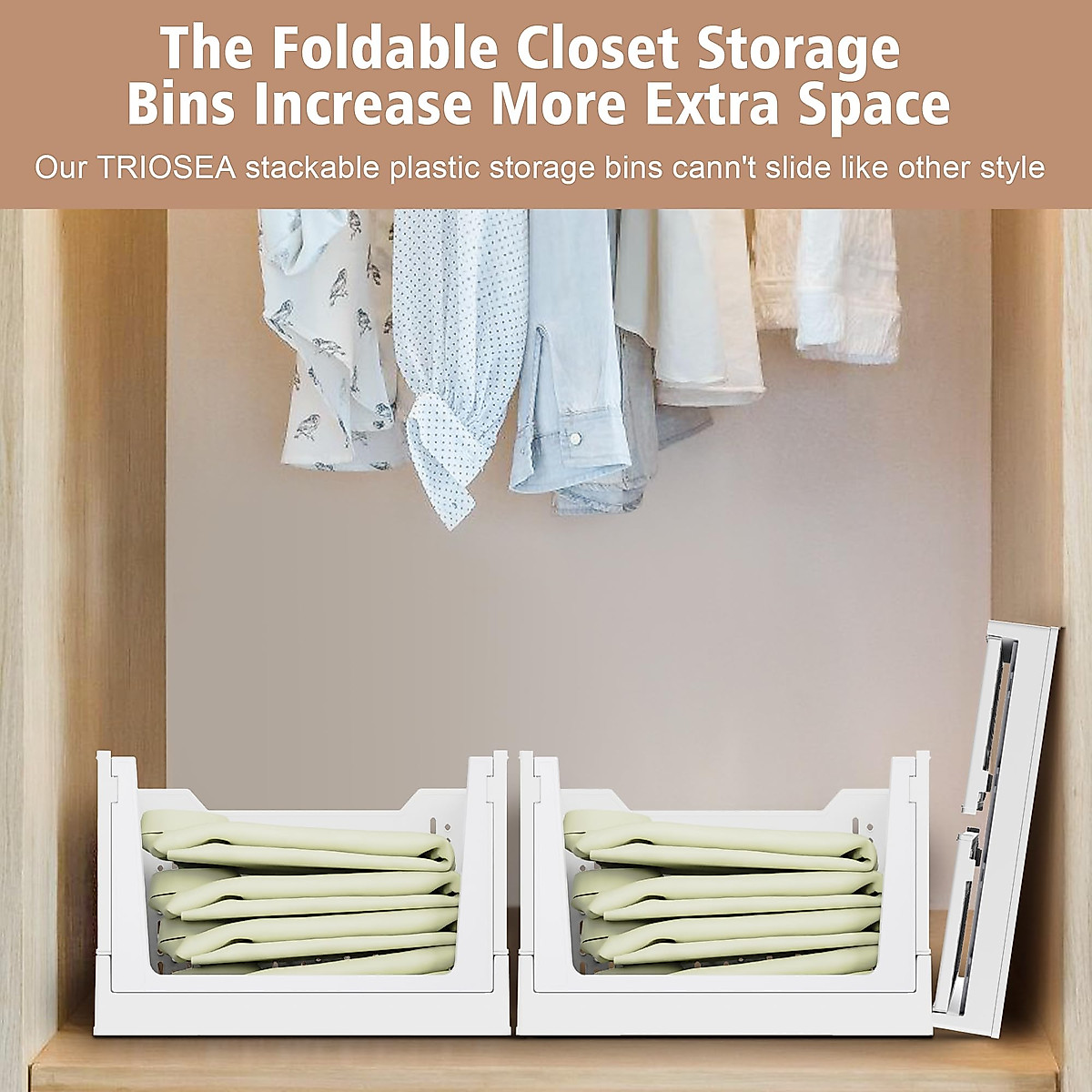 Stackable Storage Bins, Folding Collapsible Closet Organizers and Storage Bins Box, Plastic Shelves Drawer Organizer Container for Closet Office Bedroom Kitchen Bathroom with Wheels, White, 3 Pack