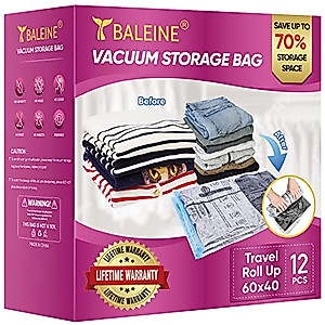 BALEINE Vacuum Storage Bag Space Saving Compression Sealer Bags for Moving (Travel Roll Up 12 Pack)