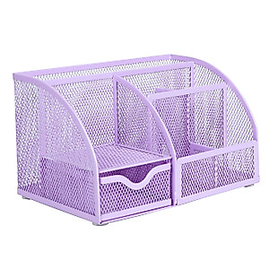Annova Mesh Desk Organizer Office with 7 Compartments + Drawer/Desk Tidy Candy/Pen Holder/Multifunctional Organizer - Light Purple / Lavender