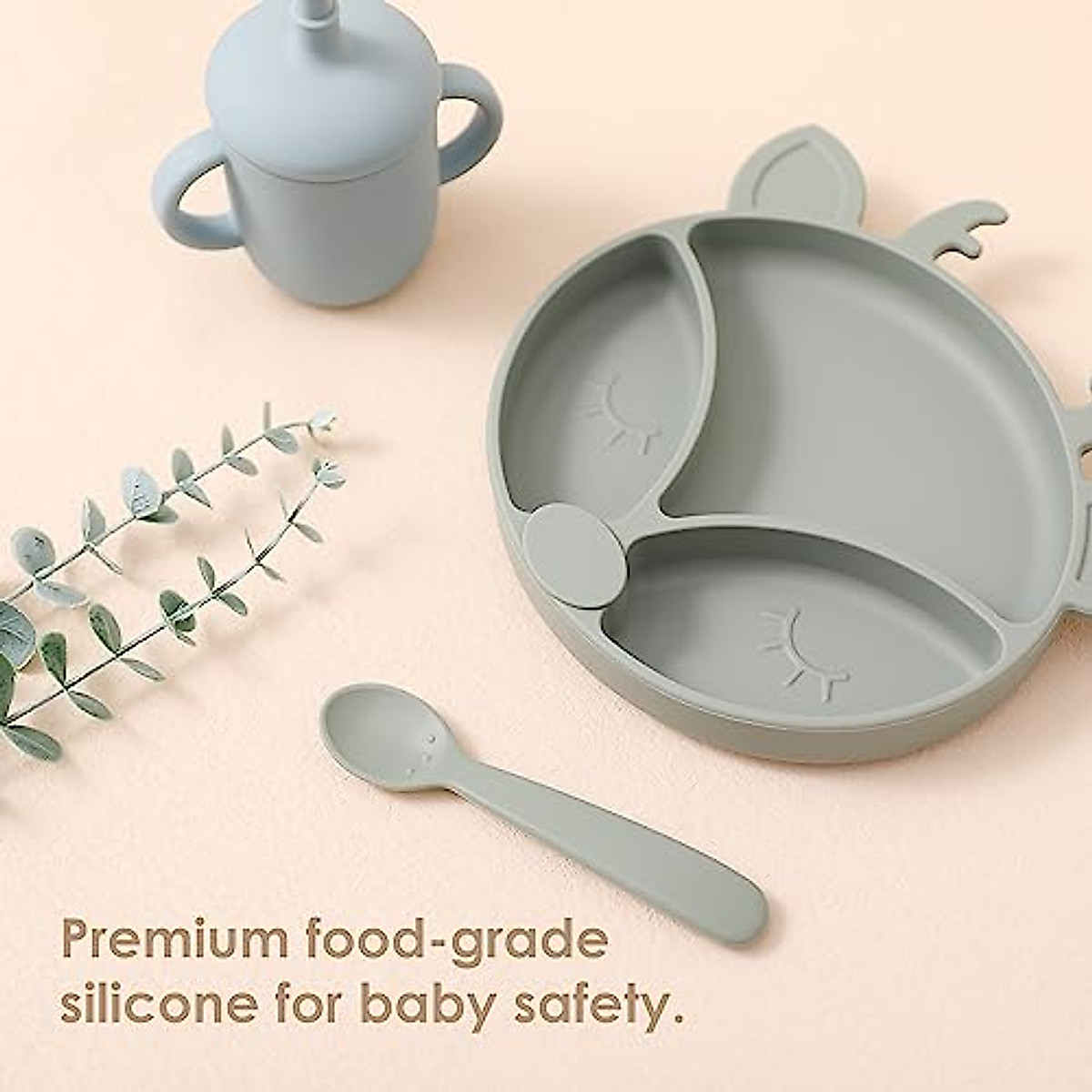 ROCCED Silicone Baby Feeding Set Baby Led Weaning Supplies Toddler Dish Set First Stage Solid Food Eating Utensil, Suction Plates with Spoons Baby Suction Bowls Bibs Cups Placemat- 6M+ Sage