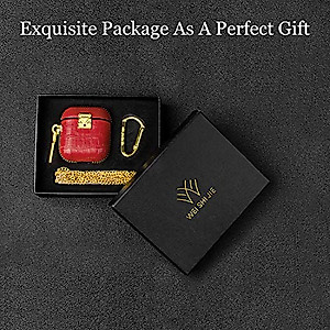WEISHIJIE Case for AirPods 1, AirPods 2, Genuine Leather AirPods Case with Crocodile Pattern & Electroplating Metal Keychain & Gold Buckle (Red)