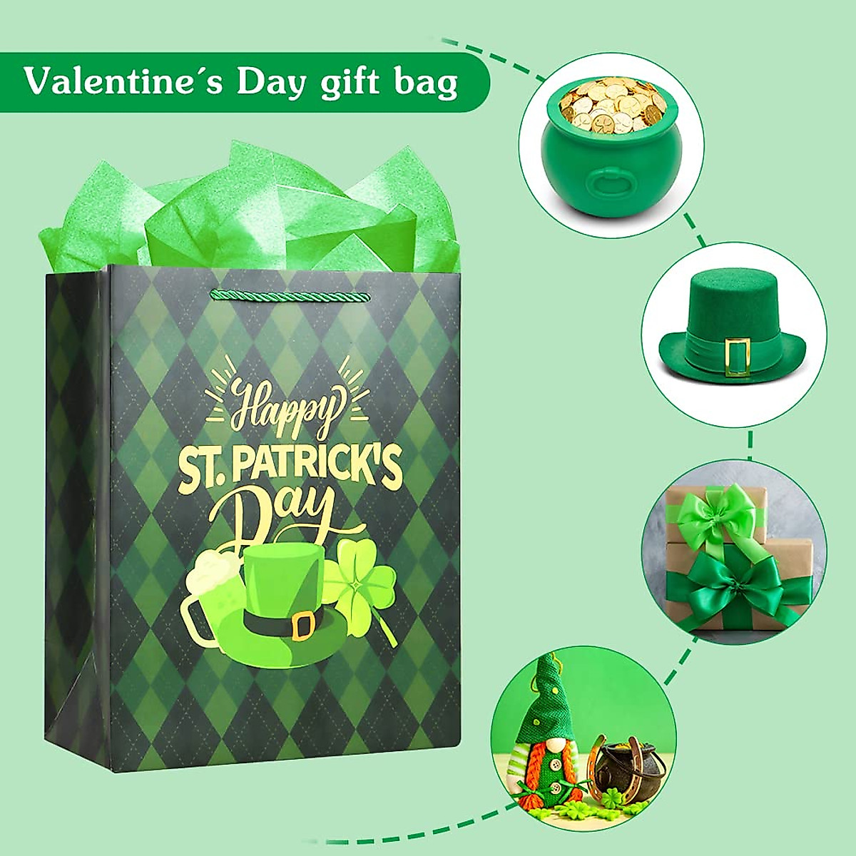 D4DREAM Happy St Patrick's Day Gift Bags 11.5" Large Green Buffalo Plaid Gift Bag with Tissue Paper St. Patricks Day Gift Wrapping Bag with Handle for Kids Classroom Party Favor Supplies