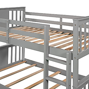 Twin Bunk Beds Low Bunk Bed Frame Wood Twin Over Twin Bunkbed for Kids Toddlers Boys Girls Bedroom, Gray