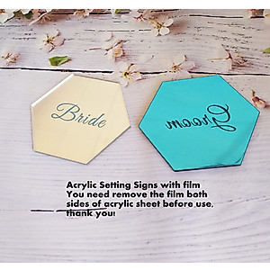 XIAOYUE Bride and Groom Acrylic Mirrored Hexagon Place Cards, Geometric Bride and Groom Table Setting,Wedding Place Cards, Bride and Groom Set (Silver Mirror)