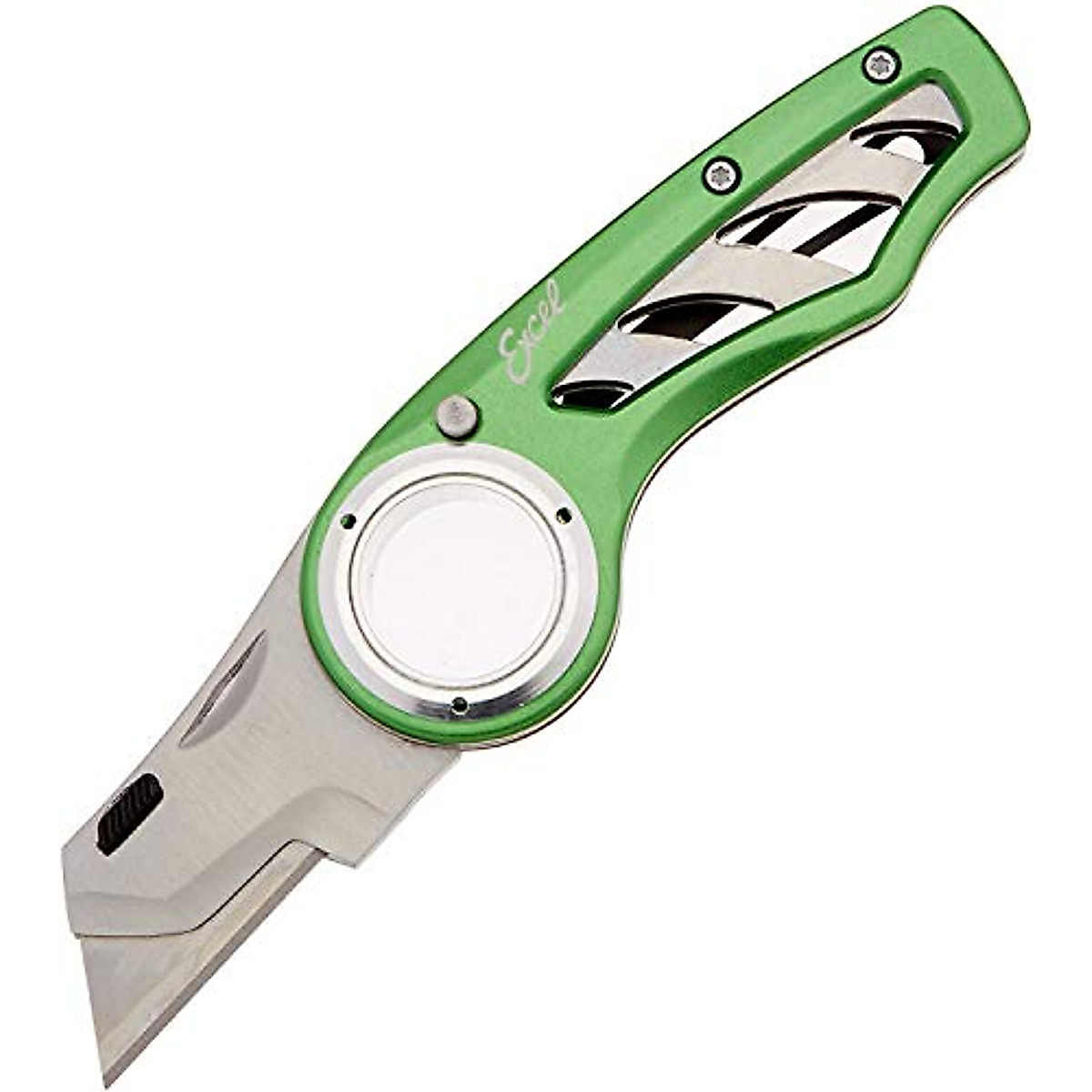 Excel Blades Revo Folding Pocket Utility Knife - Aluminum Body Heavy Duty Box Cutter with Holster, Anti-Slip Finger Loop Design Grip, Quick Change Blades and 3 Lock Positions Design, Green