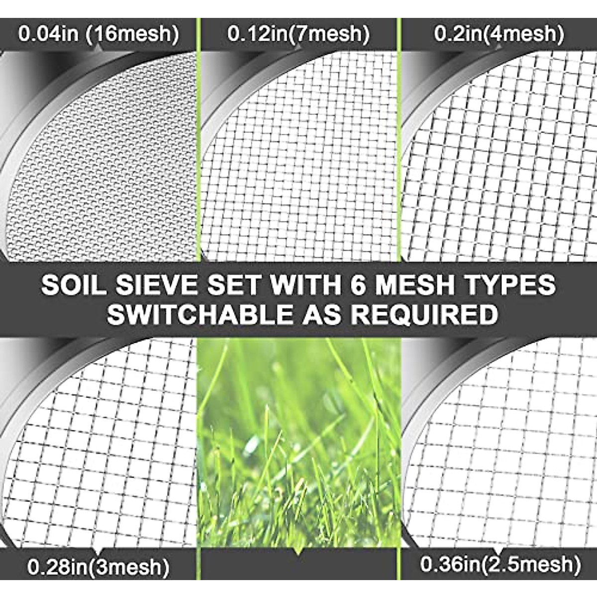 Bonsai Soil Sifter Set for Gardening - Soil Sieve with 5 Interchangeable Mesh ( 1mm, 3mm, 5mm, 7mm, 9mm), Garden Sifting Screen for Dirt, Sand, Rock, Filtration, Compost and Bonsai