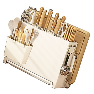 Knife Drying Holer for Kitchen Counter, Metal Knife Storage Rack Integrated Chopsticks Cutting Board Storage, Large Capacity Knife Storage Block, Multi Use Kitchen Utensil Organizer, White