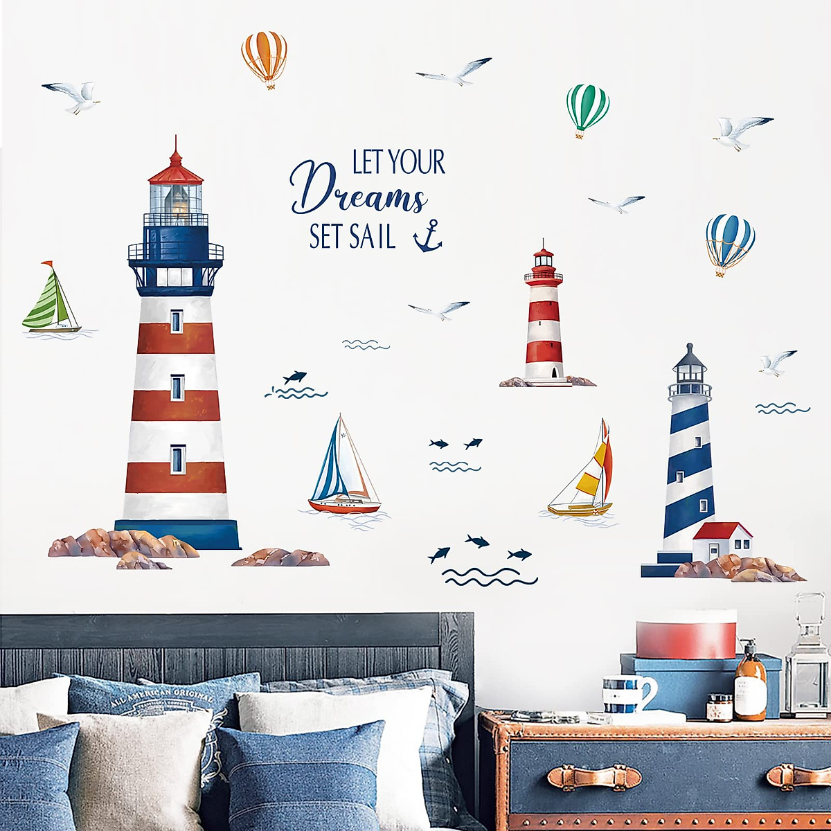 wondever Nautical Lighthouse Wall Stickers Sailboat Seagull Peel and Stick Wall Art Decals for Kids Bedroom Baby Nursery Living Room