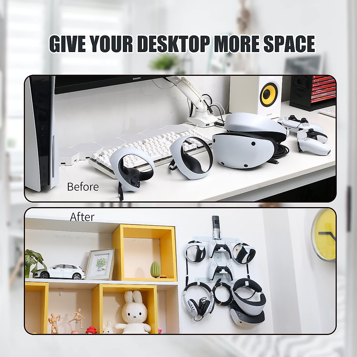 PS VR2 Wall Mount Kit, All in One Solid Metal Wall Mount Kit for PS VR2 Headset, PS VR2 Controllers, PS5 Controllers, PS5 Headphone and PS5 Media Remote - White