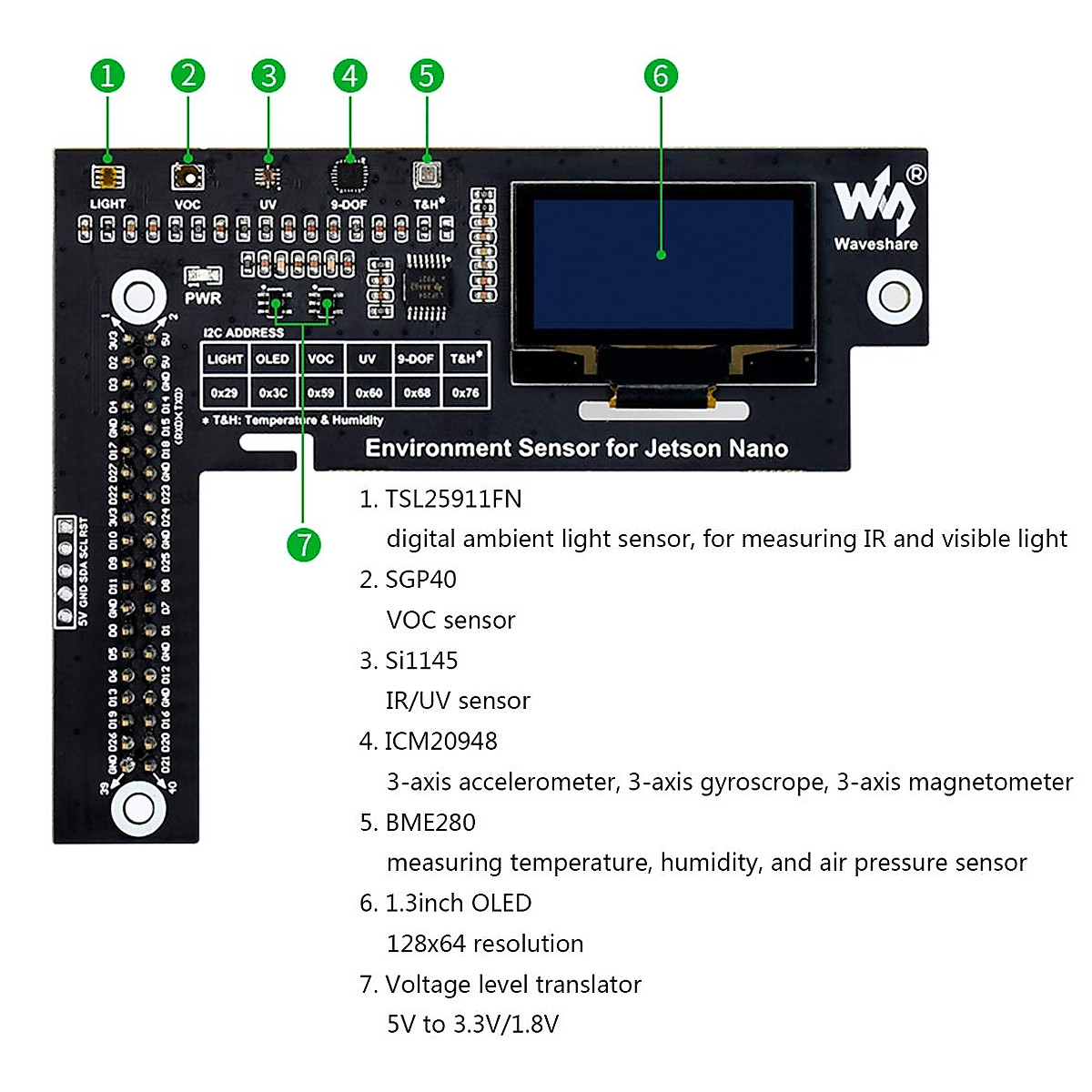Bicool Environment Sensor Module for Jetson Nano Developer Kit B01-4GB and Jetson Nano 2GB, Collect Temperature Humidity IR ray Data,etc. I2C Bus,1.3inch OLED Display for Reading Data in Real Time