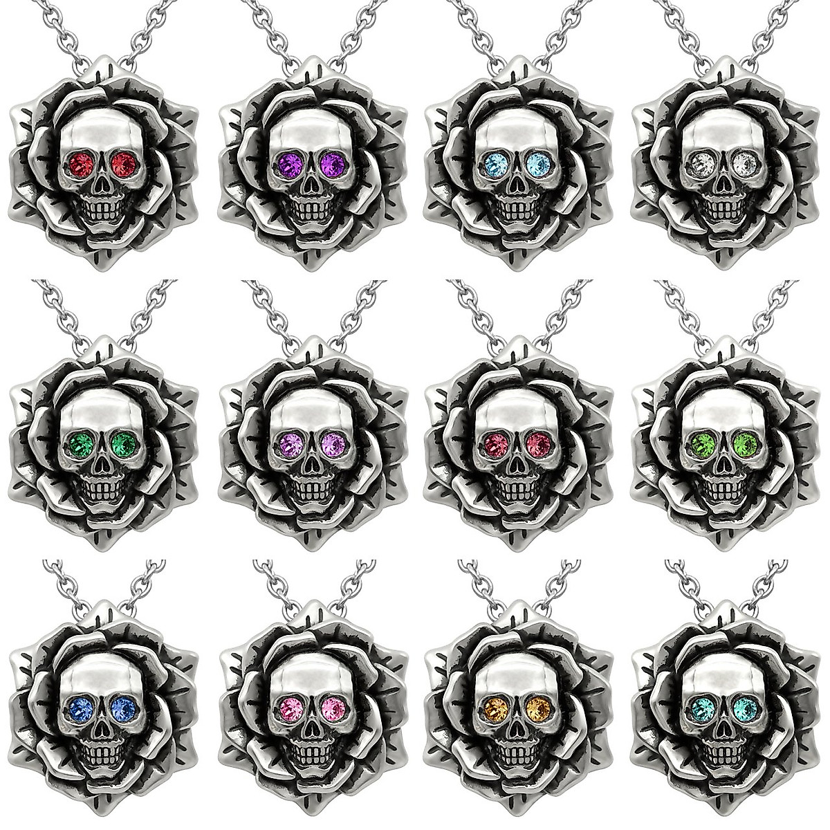 Skull Rose Birthstone Necklace With Crystal 17" - 19" Adjustable Chain (03-March – Blue)