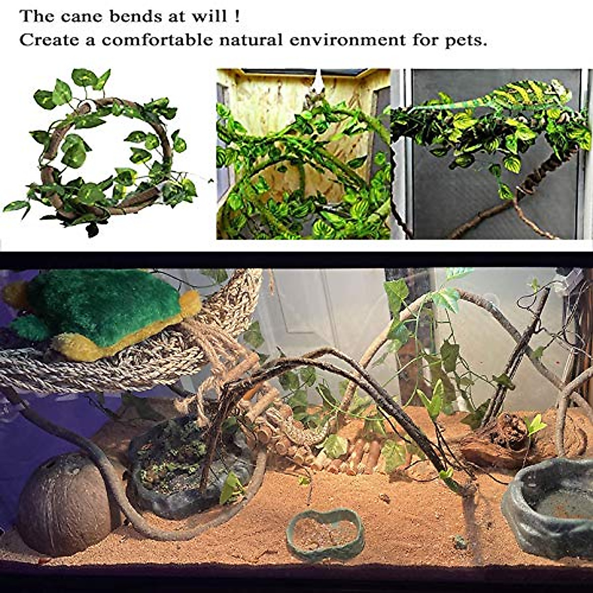 PINVNBY Bearded Dragon Leash Harness,Adjustable Leather Bat Wings Lizard Habitat Tank Accessories Reptile Hammock Natural Coconut Shell Climbing Jungle Bendable Vines Decor for Gecko Chameleon