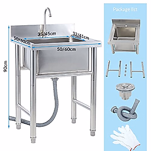 Free Standing Kitchen Sink, Stainless Steel Single Bowl Commercial Sink Portable Outdoor Sink with Faucet for Garage, Restaurant, Laundry Room