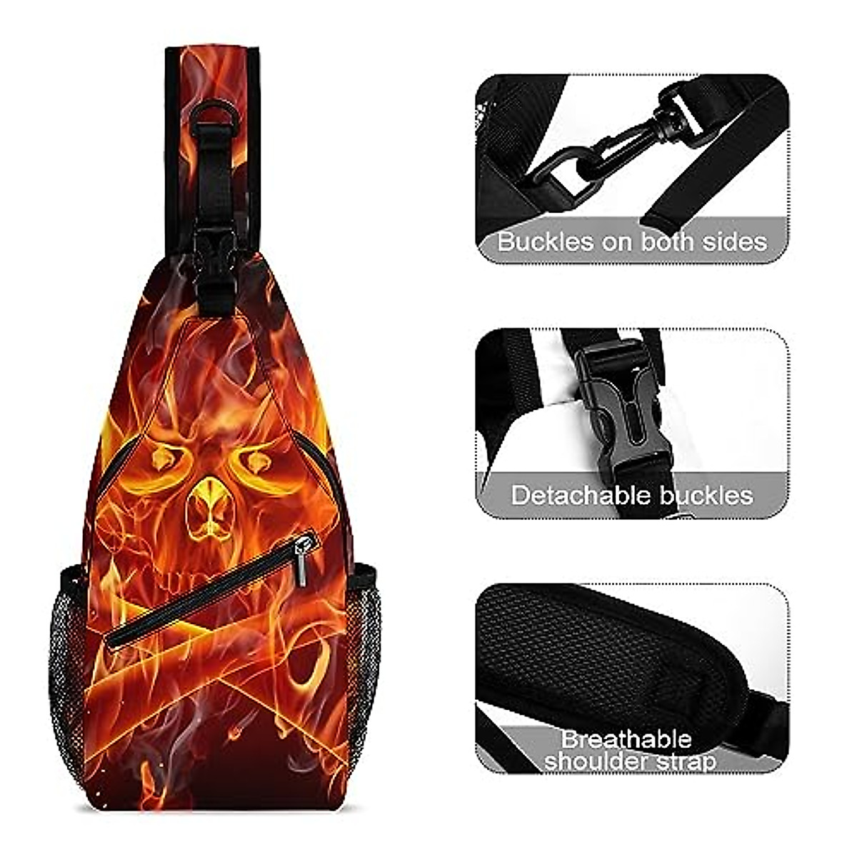 Meaudiwes Traveling Running Casual Chest Bag, Phone Bag, Day Pack Cross Body Sling Backpack For Sports Hiking Compatible with Fire Flaming Skull Crossbones