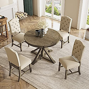 P PURLOVE 5pc Dining Table Set, Functional Furniture Retro Style Dining Table Set with Extendable Table and 4 Upholstered Chairs for Dining Room and Living Room(Natural Wood Wash)