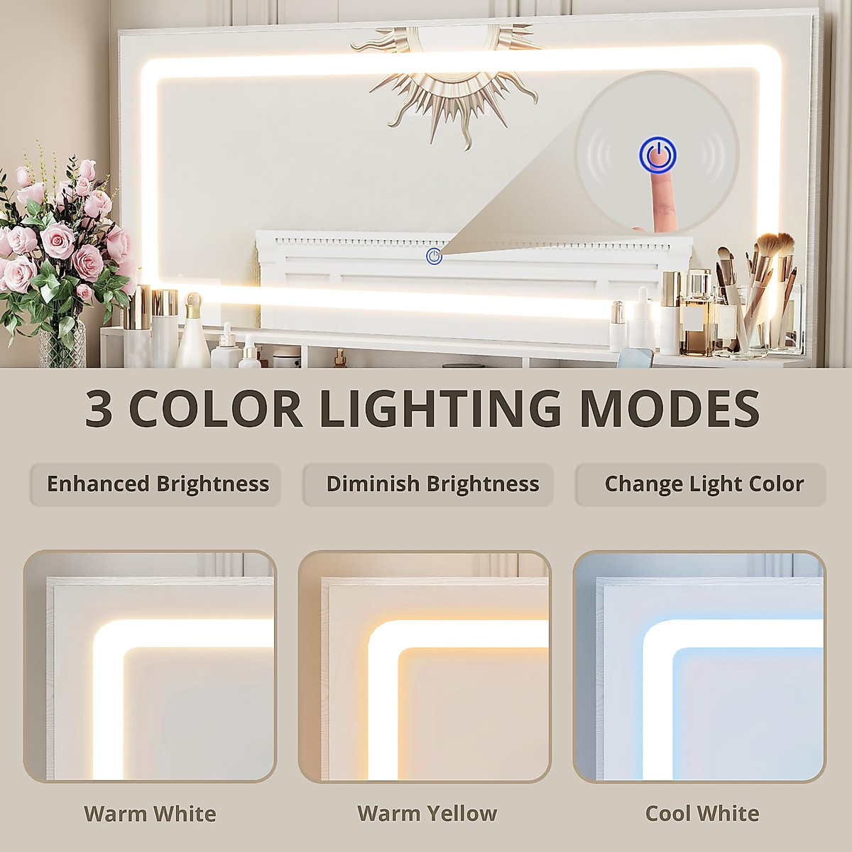 IRONCK Vanity Desk with Mirror and LED Lights, Makeup Vanity with 11 Drawers and Power Outlet, 45" Glass Top Vanity Table with Storage Stool, Adjustable Brightness, Vanity Set for Bedroom, White