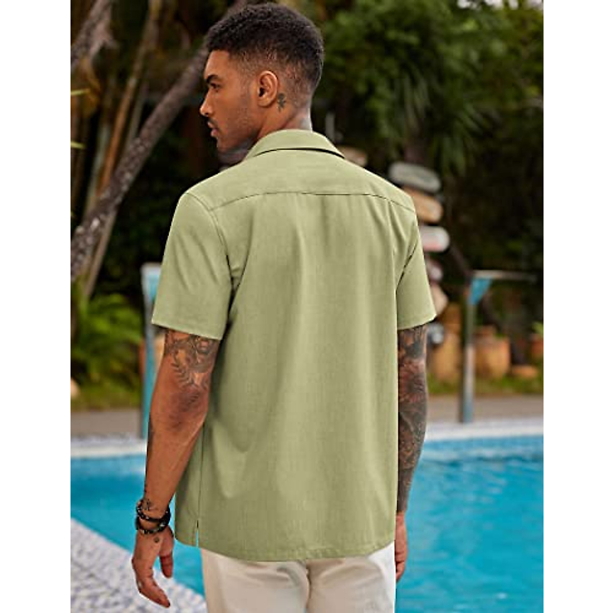 COOFANDY Men's Short Sleeve Summer Shirt Cuban Beach Tops Guayabera Shirts## Light Green
