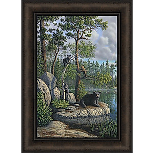 The Guardian by Kim Norlien 16x22 Black Bears Mama Bear Cubs Trees Rocks Lake Framed Art Wall Décor Print Picture