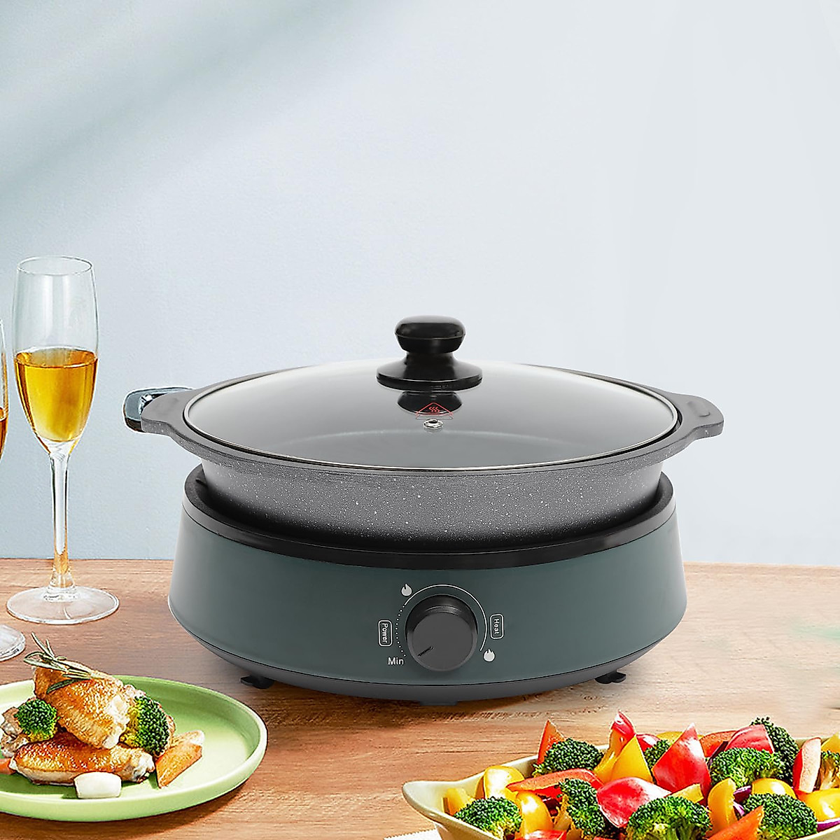 1350W 4.2Qt Electric Hot Pot with Lid, Electric Skillet, Adjustable Temperature, for Boiling Steaming Baking, 12.8 * 8.66 * 11.42 inch, 110V, Aluminum, Iron