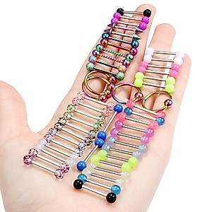 Lcolyoli 48Pcs 14G Glow in Dark Flexible Bioflex Acrylic and Surgical Steel Straight Tongue Barbell Nipple Ring Nipplerings Retainer Piercing Jewelry for Women Men 14mm Bar 4*