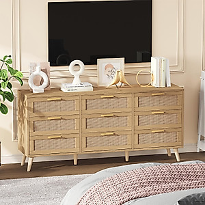 Rovaurx 9 Drawer Double Dresser for Bedroom, Rattan Chest of Dressers, Modern Wooden Dresser Chest with Golden Handles, Beside Table for Closet, Living Room and Entryway, Natural