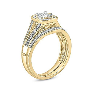 Cali Trove Diamond Illusion Set & Twisted Halo Wedding Ring Set for Women with Diamond Curved Half Eternity Band (Yellow Gold Plated Silver) | 1/5cttw Real White Diamond Ring for her | Gift for her