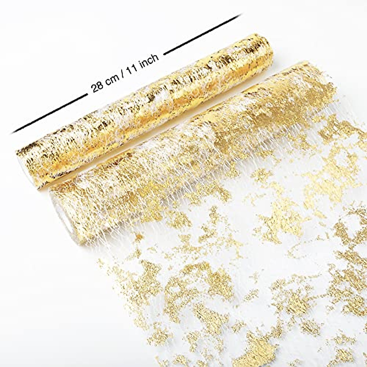WELTRXE Gold Table Runner, Glitter Metallic Gold Thin Mesh Table Runner Roll 11 Inch x 16 Feet, Event Party Supplies Fabric Table Decorations for Wedding, Bridal Shower, Baby Shower, Birthday Party