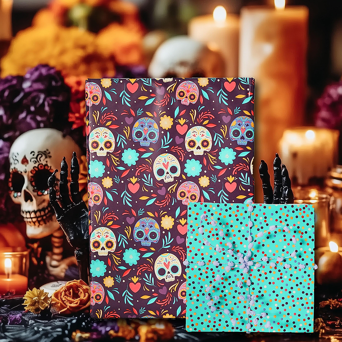 LaRibbons Day of The Dead Reversible Wrapping Paper Roll with Purple Pom Pom, 17 Inch X 33 Feet (47sq.ft.ttl.) Skull Gift Wrap Paper for Dia De Los Muertos, Halloween Decoration, Mexican Fiesta Party