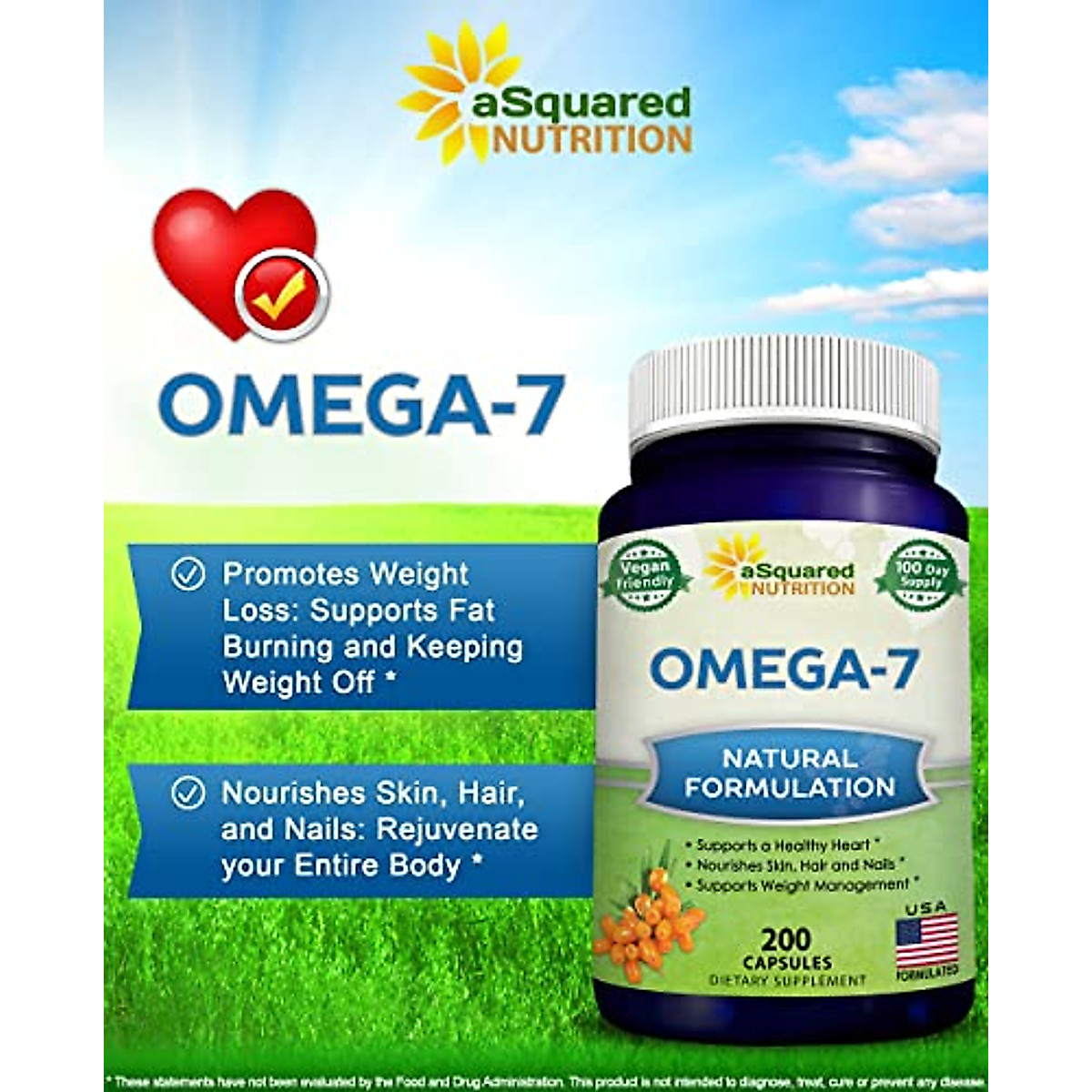 Purified Omega 7 Fatty Acids - 200 Capsules - from Natural Sea Buckthorn, XL Vitamin Supplement, No Fish Burp, Vegan Omega-7 Palmitoleic Acid, Compare to Omega 3 6 9 for Complete Weight Loss Results