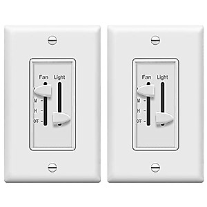 ENERLITES 3 Speed Ceiling Fan Control and Dimmer Light Switch, 2.5A Single Pole Light Fan Switch, 300W Incandescent Load, No Neutral Wire Required, 17001-F3-W, White, 2 Pack…
