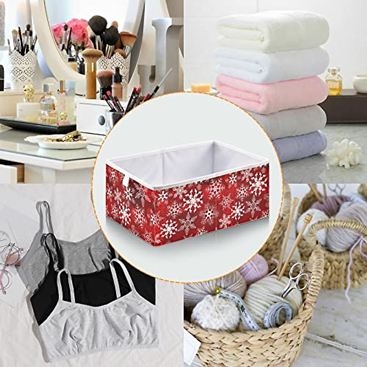 senya Christmas Storage Basket Christmas Red Pattern with Snowflakes Flower Collapsible Fabric Storage Organizer Bin Boxes for Home, Nursery, Closet, Office Laundry