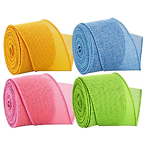 TONIFUL 4 Rolls Easter Ribbon, Burlap Wired Ribbons, Yellow, Pink, Baby Blue, Green, Faux Burlap Ribbon, for Easter Home Decor Wreath Front Door Gift Wrapping Tree Topper Bow Crafts (2 Inch x 40 yds)