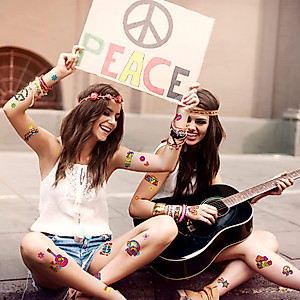 Demissle 280 Pieces Hippie Temporary Tattoos Butterfly Flower Love and Peace Lucky Rainbow Tattoos Groovy Hippie Temporary Fake Tattoos Decor School Rewards for Kids 70s Groovy Party Favors