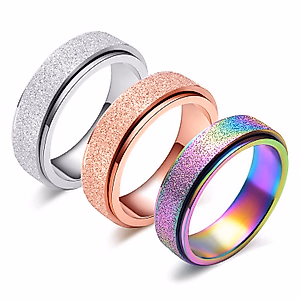 LAOYOU Anxiety Spinner Fidget Ring for Women | 6MM Stainless Steel 3pcs Worry Stress Relief Spinning Spinny Ring Set Band Pack Rose Old Silver Rainbow Birthday Figit Gifts for Daughter Size 8