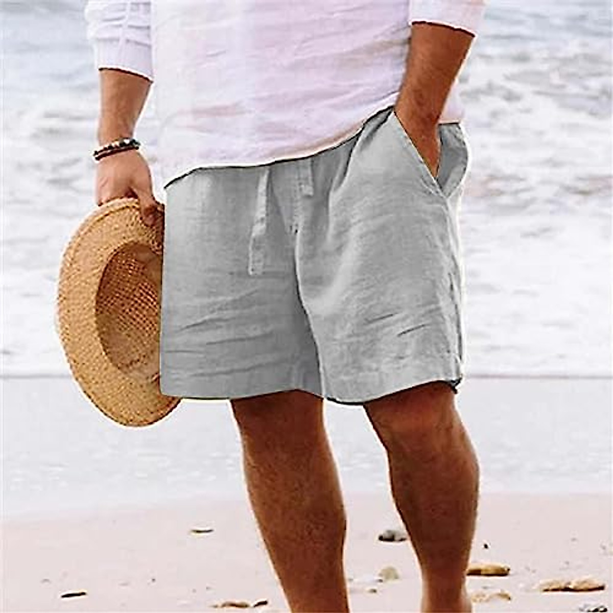 Cotton Linen Elastic Waistband Big & Tall Plus Sized Mens Beach Shorts Bodybuilding Hiking Shorts Grey