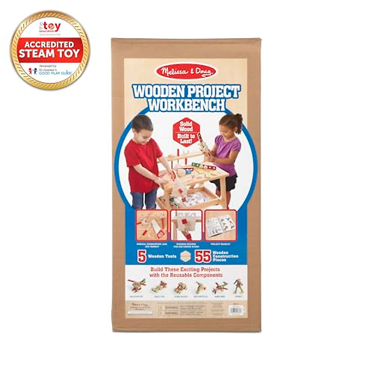 Melissa & Doug Solid Wood Project Workbench Play Building Set - STEAM Toy, Wooden Kids Work Bench, Toy Tool Bench