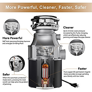 Trifecte Garbage Disposals with Power Cord, Coutinuous Feed Food Waste Disposal with Sound Reduction (EM 200)