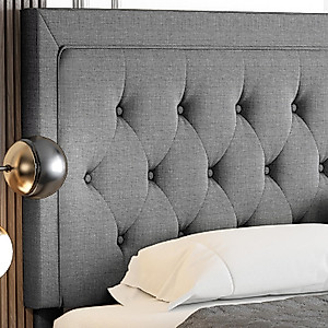 Allewie Queen Size Bed Frame Upholstered Platform Bed with Adjustable Headboard, Button Tufted, Wood Slat Support, Easy Assembly, Light Grey