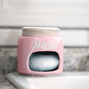 Farmhouse Canisters Sets for the Kitchen - Mason Jar Ceramic Kitchen Utensil Holder, Spoon Rest, Cute Cookie Jar, Salt & Pepper Shaker Sets, Sponge Holder, Measuring Cups & Spoons (Pink, 17-Pc Bundle)