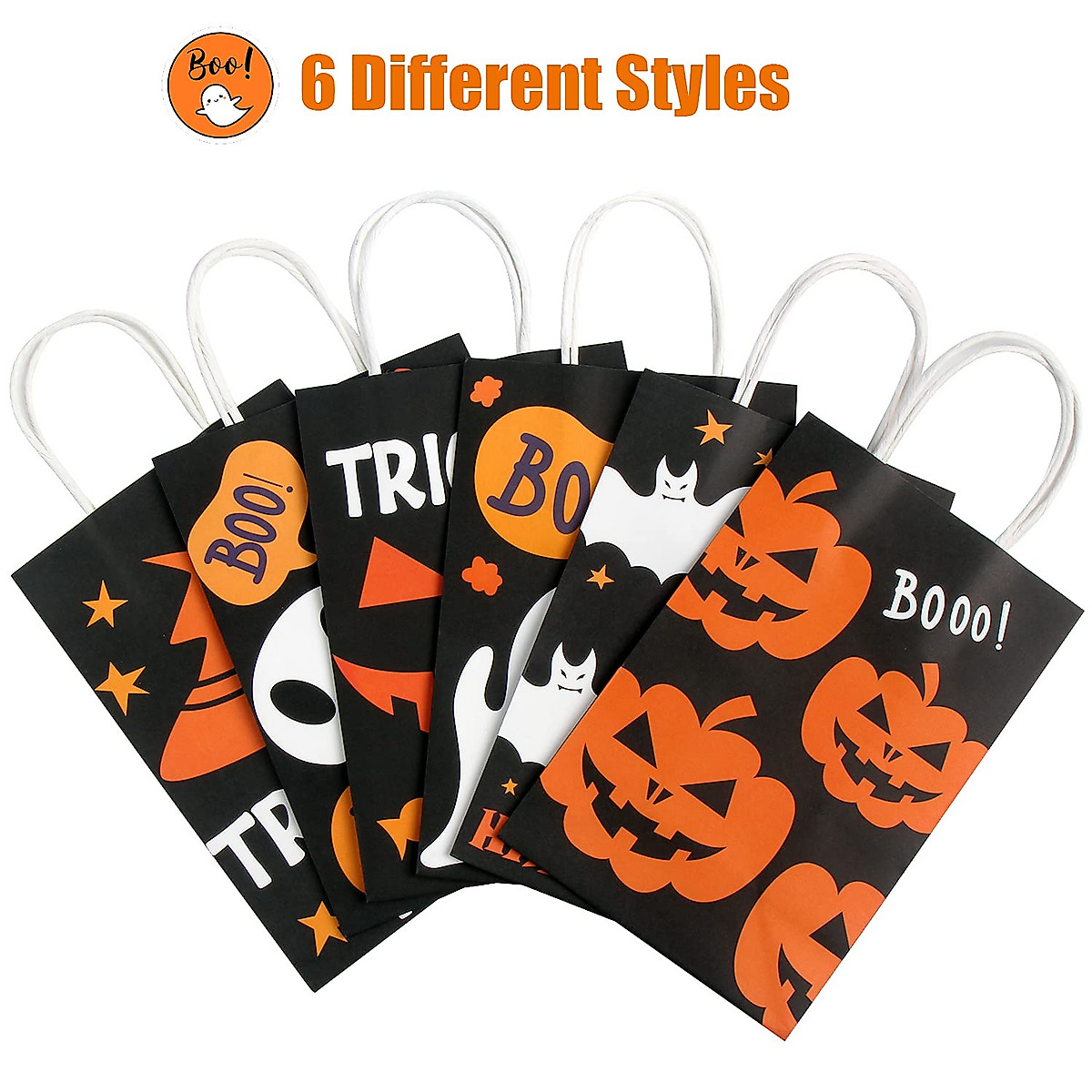 STEFORD Halloween Paper Treat Bags,24PCS Black Series Halloween Trick or Treat Candy Gift Goodies Tote Bags with Handle for Halloween Party Favors Supplies