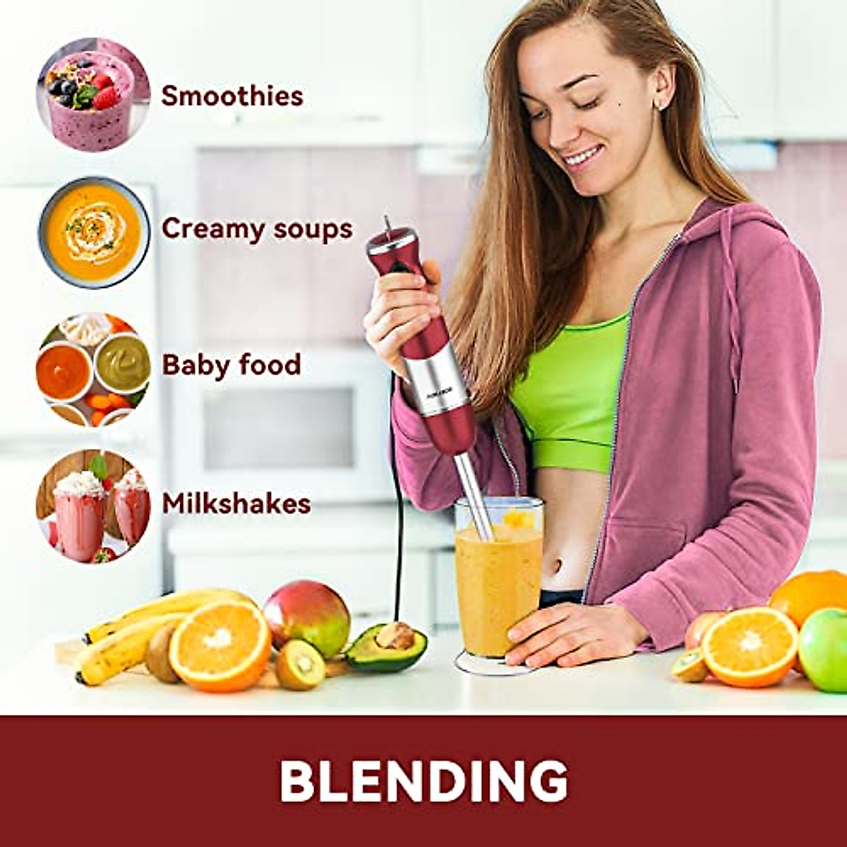 Immersion Blender Hand Blender, Abuler 800W Hand Mixer Stick, 5-in-1, 12 Speed BPA-Free Stick Blender 304 Stainless Steel, Chopper, Whisk, Milk Frother, Beaker, Smoothies, Milkshake, Purée Baby Food, Sauce, Dips, Mayo