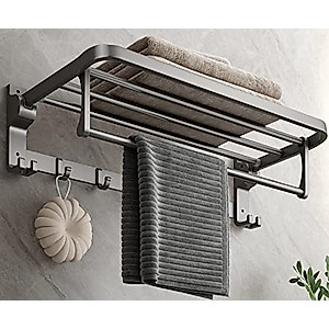 MUSTORN Bathroom Towel Rack with Towel Bar and Hooks 23.6 in Foldable Towel Shelf Wall Mounted Lavatory Towel Organizer Modern Gray Finish