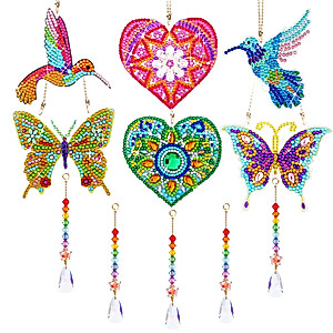 6 Pcs Diamond Painting Suncatcher Wind Chime Double Sided Diamond Painting Hanging Ornament 5D Crystal Butterfly Heart Hummingbird Suncatcher for Kids Adults Home Garden Art DIY Craft (Elegant Style)
