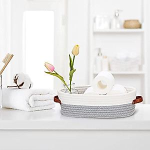 HLWDFLZ Bathroom Countertop Organizer Basket, Cotton Rope Woven Storage Basket Toilet Paper Decorative Basket for Bathroom, Bedroom, Living Room, Entryway (White/Gray)